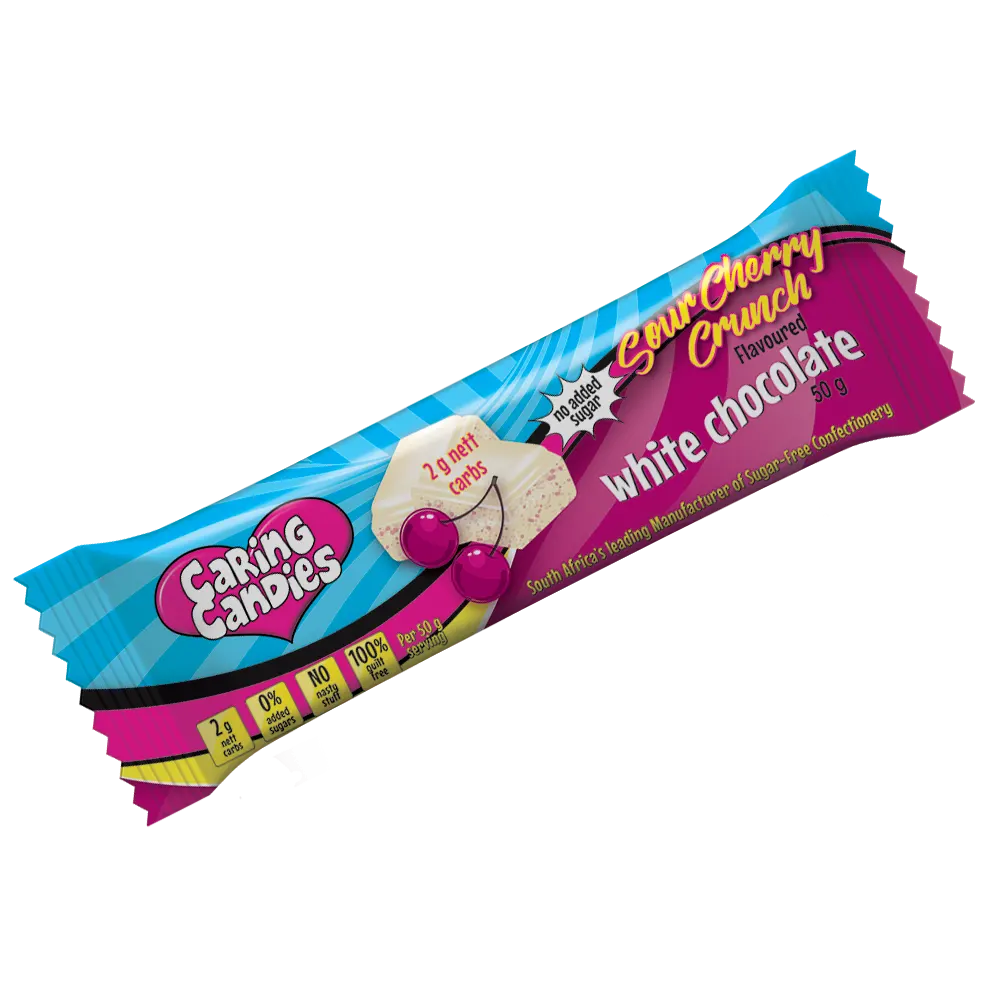 50g Sugar-free White with Sour Cherry-flavoured crunch Chocolate ...