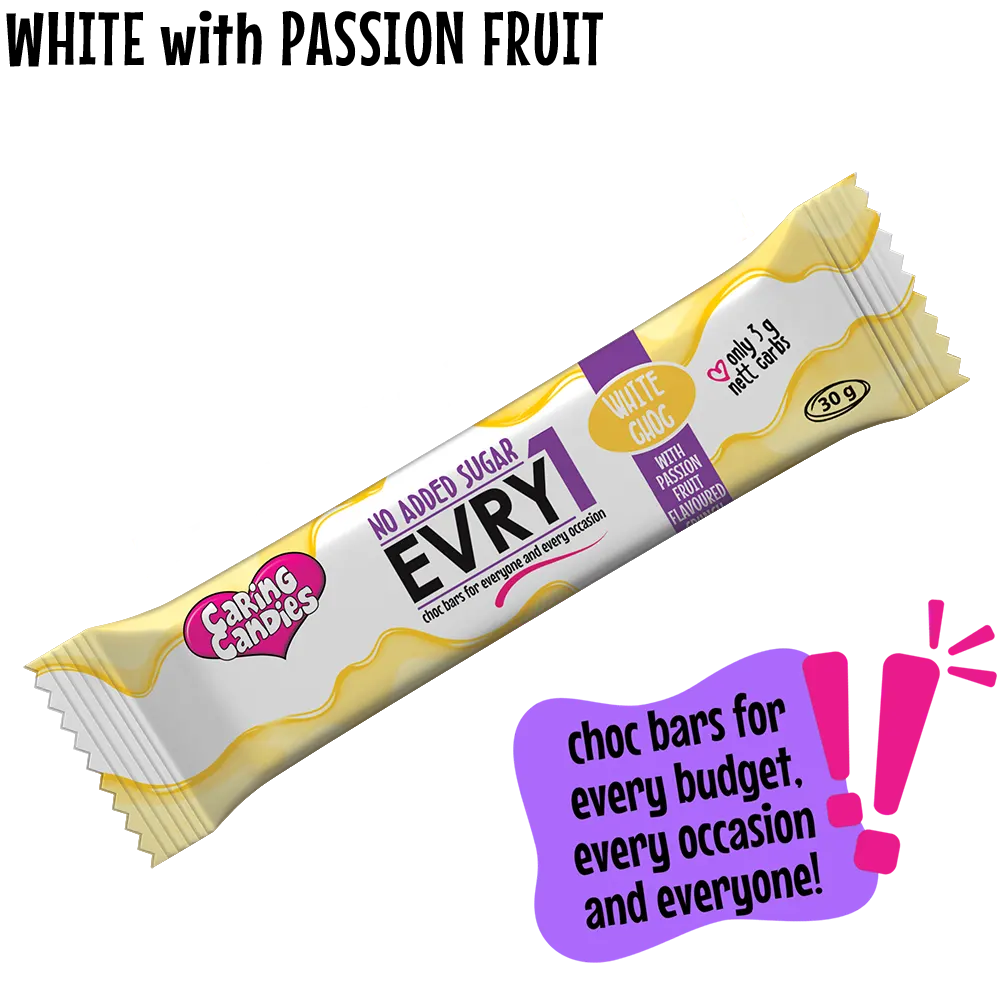 30g Sugar-free White with Passion Fruit flavoured Crunch EVRY1 choc ...
